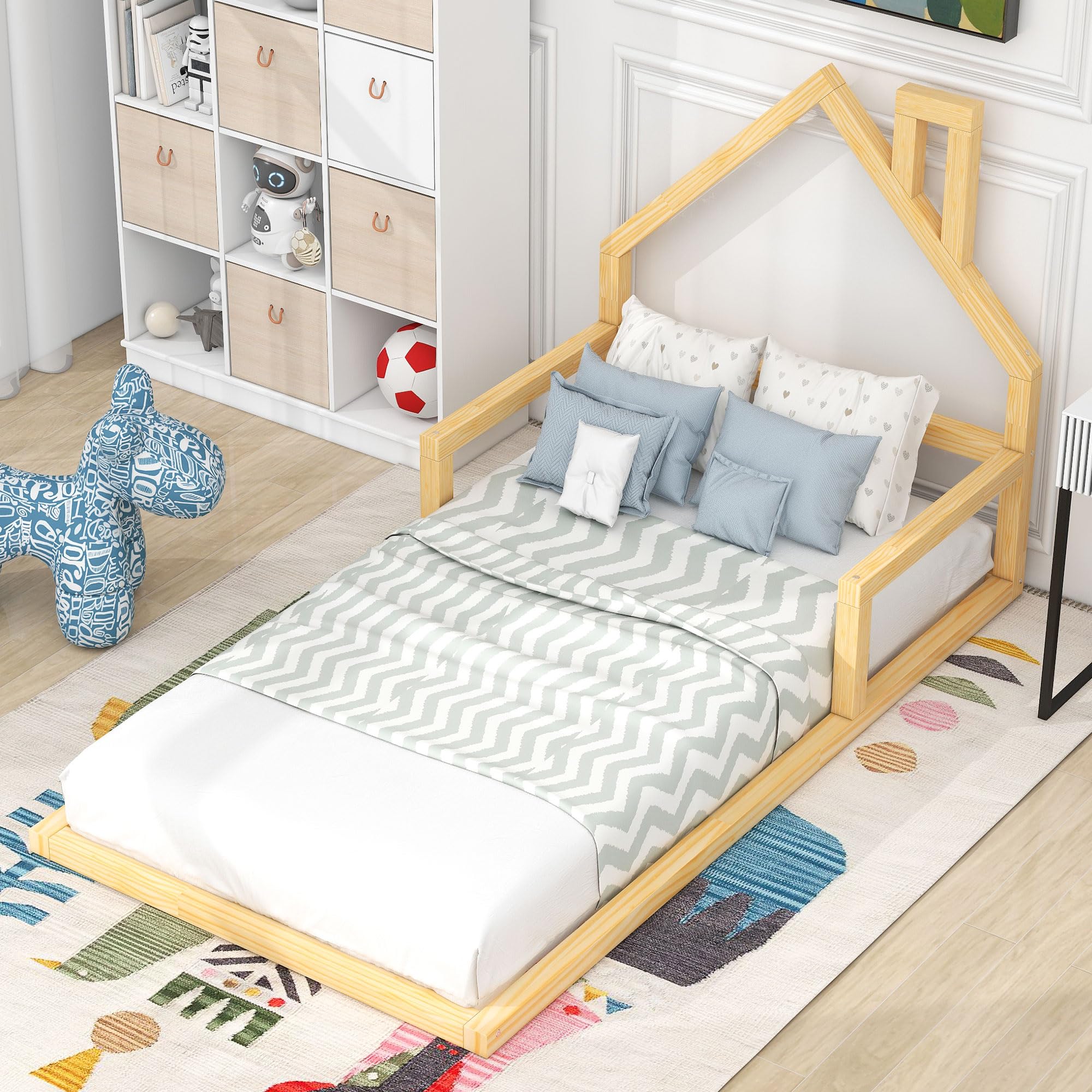 MERITLINE Twin Size Floor Bed with House-Shaped Headboard, Twin Montessori Floor Bed Wood Frame, No Box Spring Needed, for Kids Teens Girls Boys (Natural)