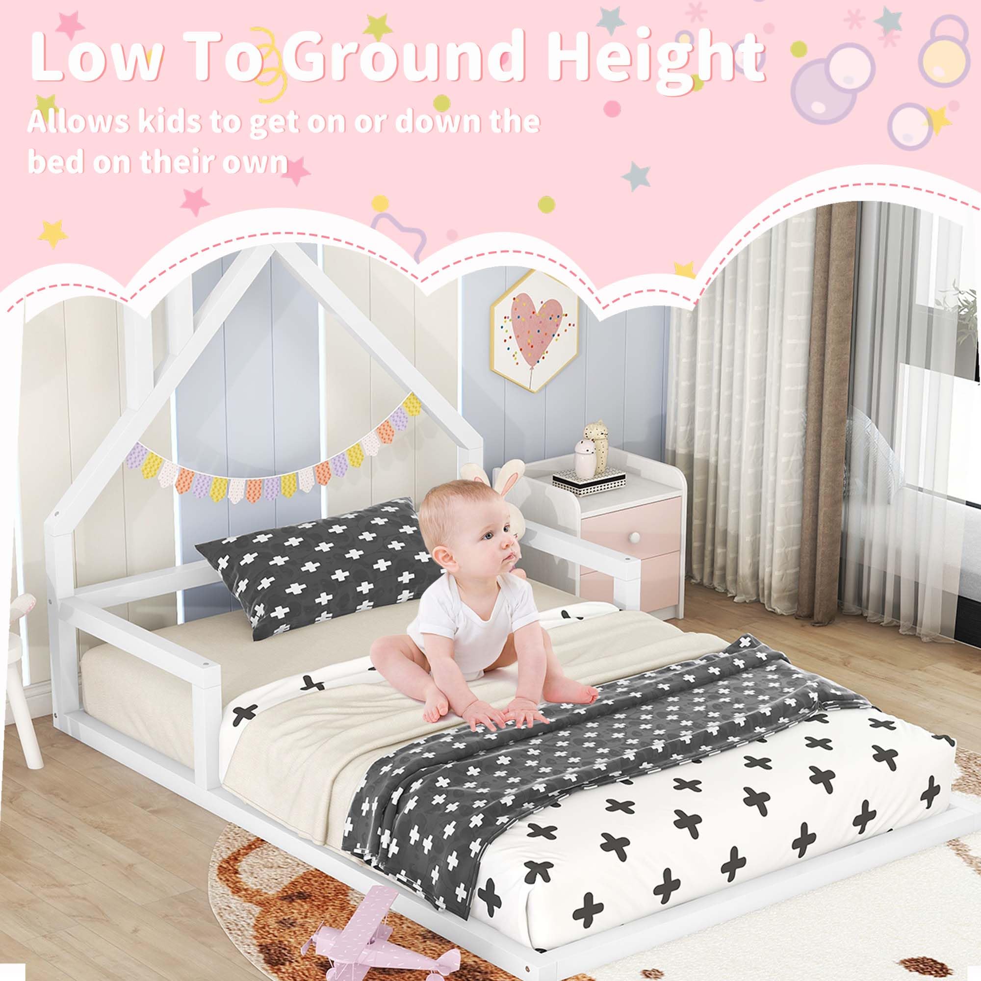 Floor Bed for Kids, Full Size Montessori Bed with House Shape Headboard and Railings, Wood House Bed with Slats for Boys Girls, Low to Ground Height, No Box Spring Needed, White