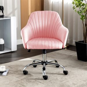 Anwickhomk Pink Vanity Desk Chair Comfy with Back and Wheels,Velvet Rolling Office Chair for Vanity Makeup Room,Height Adjustable,360 Swivel (Pink)