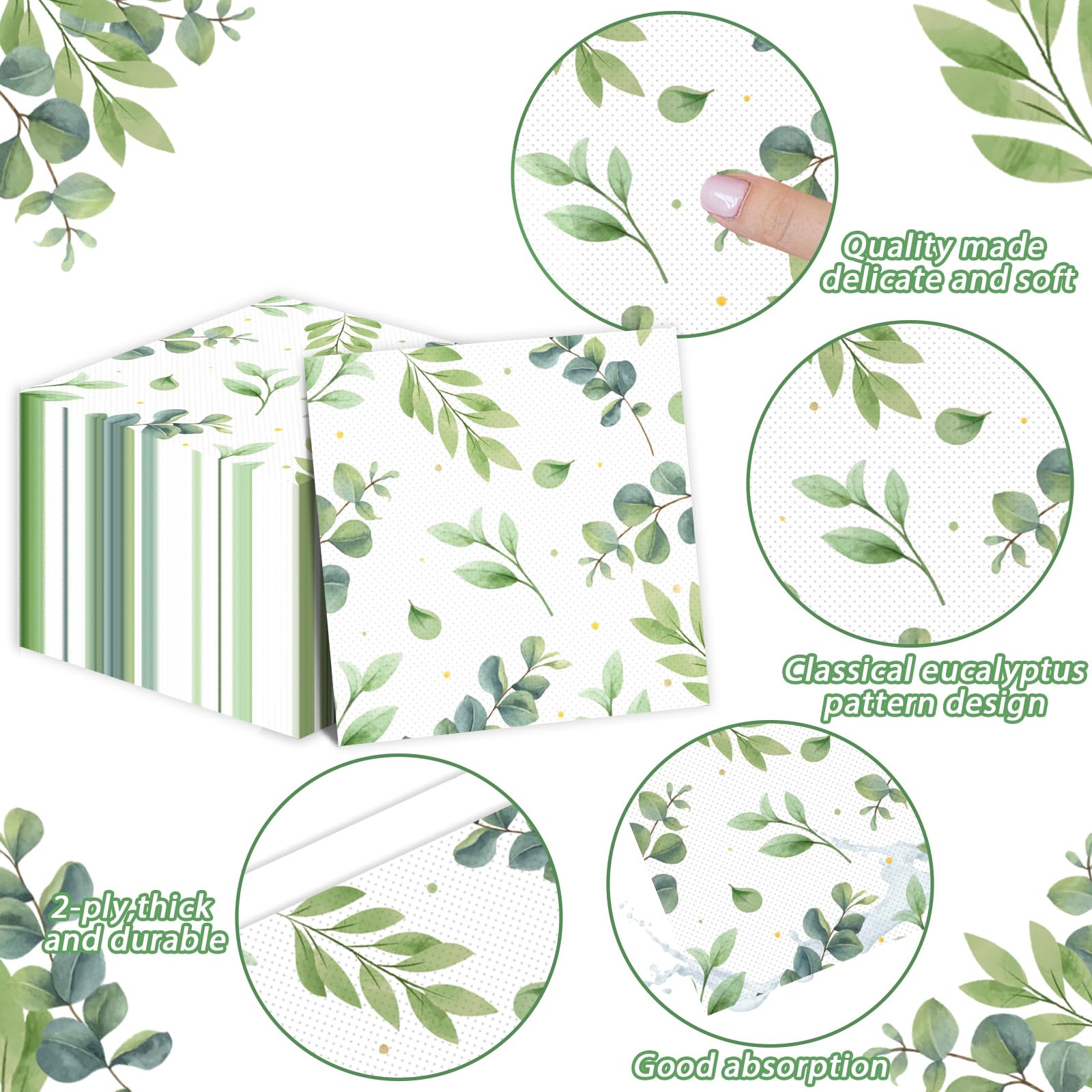 100PCS Eucalyptus Napkins Greenery Disposable Decorative Guest Papers for Wedding Green Foliage Eucalyptus Leaf Theme Luncheons Dinners Supplies for Bridal Shower Birthday Party Decoration