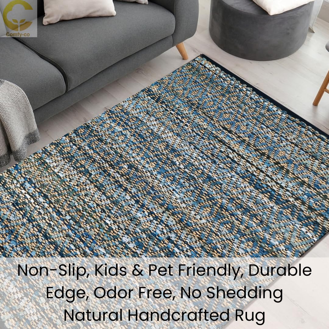 Comfy-co Area Rug Jute Denim Floor Rug 3x5 ft - Hand-Woven Area Rug Farmhouse Rustic - Anti Skid Floor Rug for Bedroom Living Room Kitchen Dorm Entryway Hallway - Area Rug Jute Denim