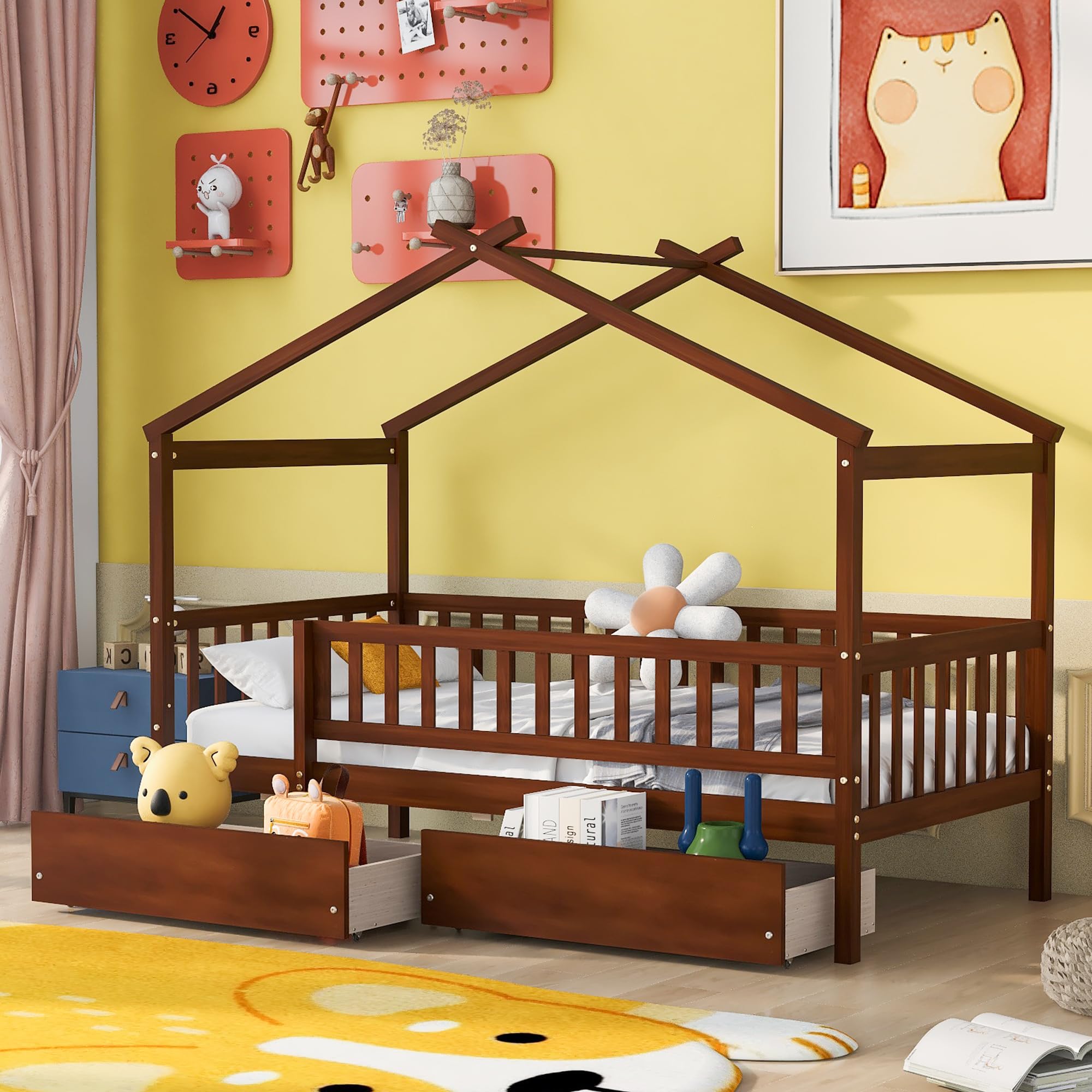 Harper & Bright Designs Twin Size House Bed for Kids, Wooden Twin Bed Frame with 2 Storage Drawers, Twin Montessori Bed with Roof & Rails Design for Girls Boys, Walnut