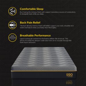 EGOHOME 12 Inch Cal King Memory Foam Mattress, Therapeutic Mattress for Back Pain Relief, Cooper Gel Cooling Double Mattress in a Box, CertiPUR-US Certified, Made in USA, 72”x84”x12”, Black