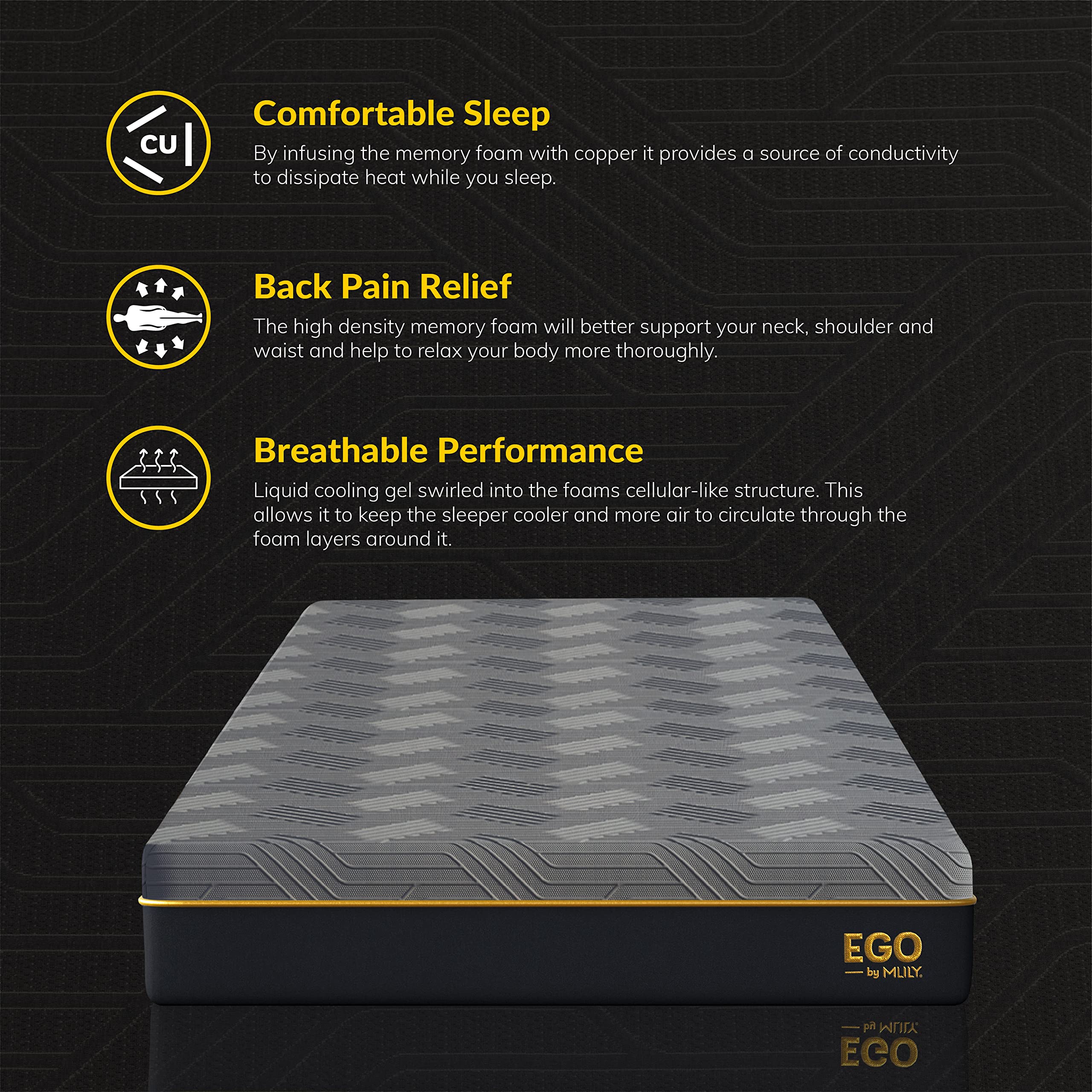 EGOHOME 12 Inch Cal King Memory Foam Mattress, Therapeutic Mattress for Back Pain Relief, Cooper Gel Cooling Double Mattress in a Box, CertiPUR-US Certified, Made in USA, 72”x84”x12”, Black