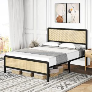 Amyove Full Size Bed Frame with Natural Rattan Headboard, Bohemian Platform Bed Frame with Strong Metal Slats Support, Boho Cane/Mattress Foundation/No Box Spring Needed