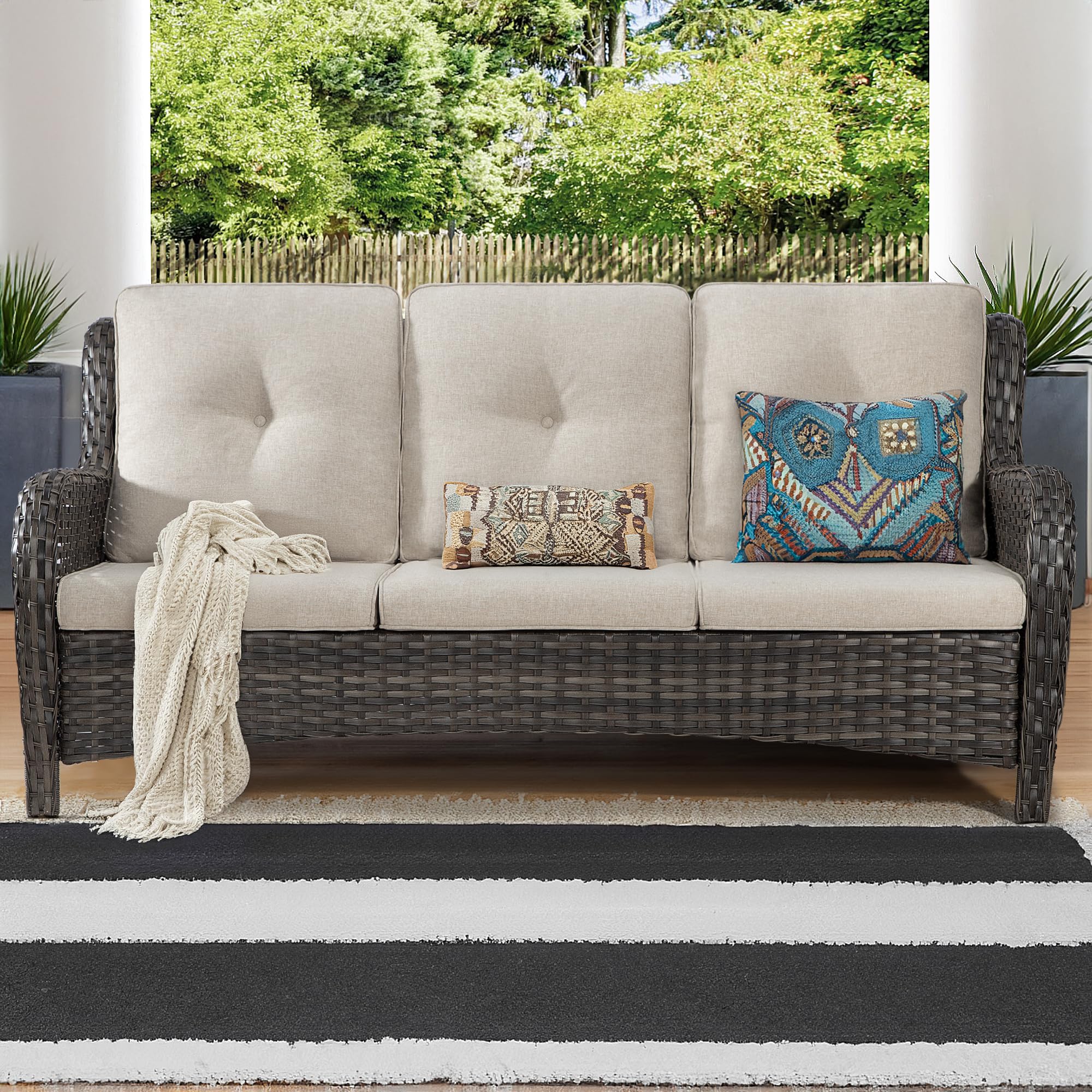 Joyside Outdoor Patio Couch Wicker Sofa - 3 Seater Rattan Sofa for Outside Patio Garden with Deep Seating and Olefin Cushions(Mixed Grey/Beige)