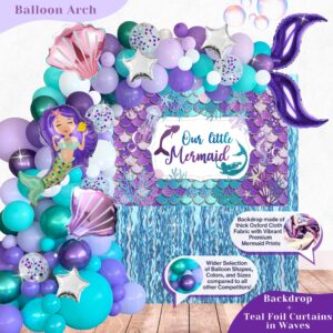 248 Pieces Little Mermaid Birthday Decorations Kit, All-in-1 Girl's Party Decor Package With Mermaid Tail Balloon Garland, Foil Curtains, Fabric Backdrop, Princess Crown - Purple, Teal