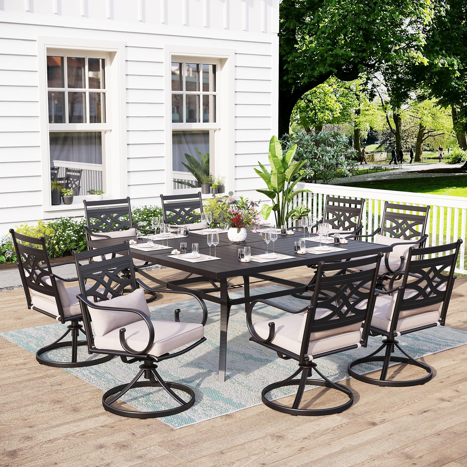 MFSTUDIO 9 PCS Patio Dining Sets with 8 Swivel Chairs and 1 Large Square Table, All Weather Heavy Duty Black Frame, Outdoor Furniture for 8