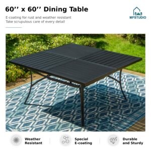 MFSTUDIO 9 PCS Patio Dining Set with Large Square Metal Slat Dining Table and 8 Swivel Metal Chair with Cushion, All Weather Outdoor Furniture for Lawn Backyard Garden