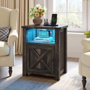 yitahome farmhouse end table with charging station & led lights, end side table with storage cabinet for small space, bedside table with usb ports and outlets, for living room, dark rustic oak