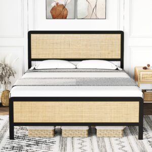 Amyove Full Size Bed Frame with Natural Rattan Headboard, Bohemian Platform Bed Frame with Strong Metal Slats Support, Boho Cane/Mattress Foundation/No Box Spring Needed