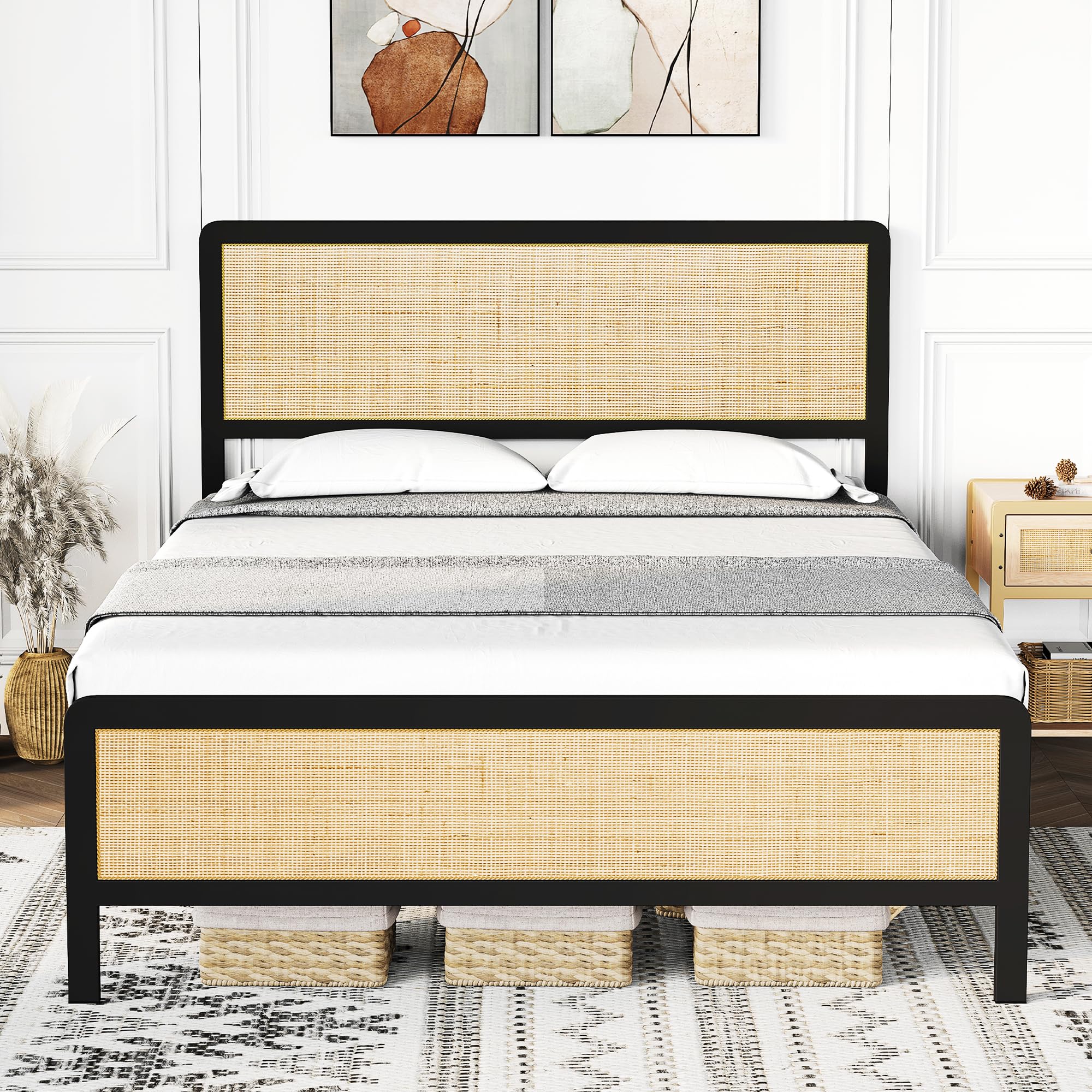 Amyove Full Size Bed Frame with Natural Rattan Headboard, Bohemian Platform Bed Frame with Strong Metal Slats Support, Boho Cane/Mattress Foundation/No Box Spring Needed