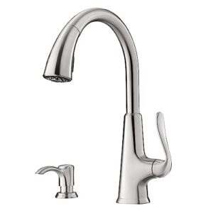 pfister pasadena kitchen faucet with pull down sprayer and soap dispenser, single handle, high arc, stainless steel finish, f5297pds