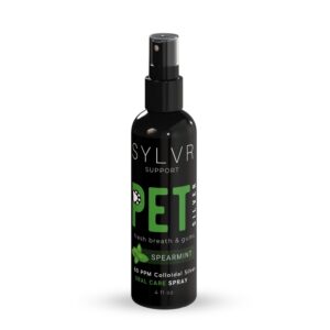 sylvr support- colloidal silver & spearmint teeth & gum spray for dogs & cats & pets, target bad breath, clean ingredient pet oral care solution (4 oz.)