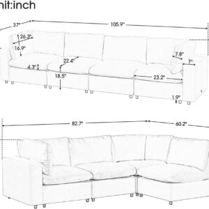 kevinplus 106'' Modular Sectional Sofa Couch for Living Room, Modern Upholstered 4-Seat Sofa Couch L-Shape with USB Charge Port & Wireless Charging & Built-in Bluetooth Speaker in Arm, Beige