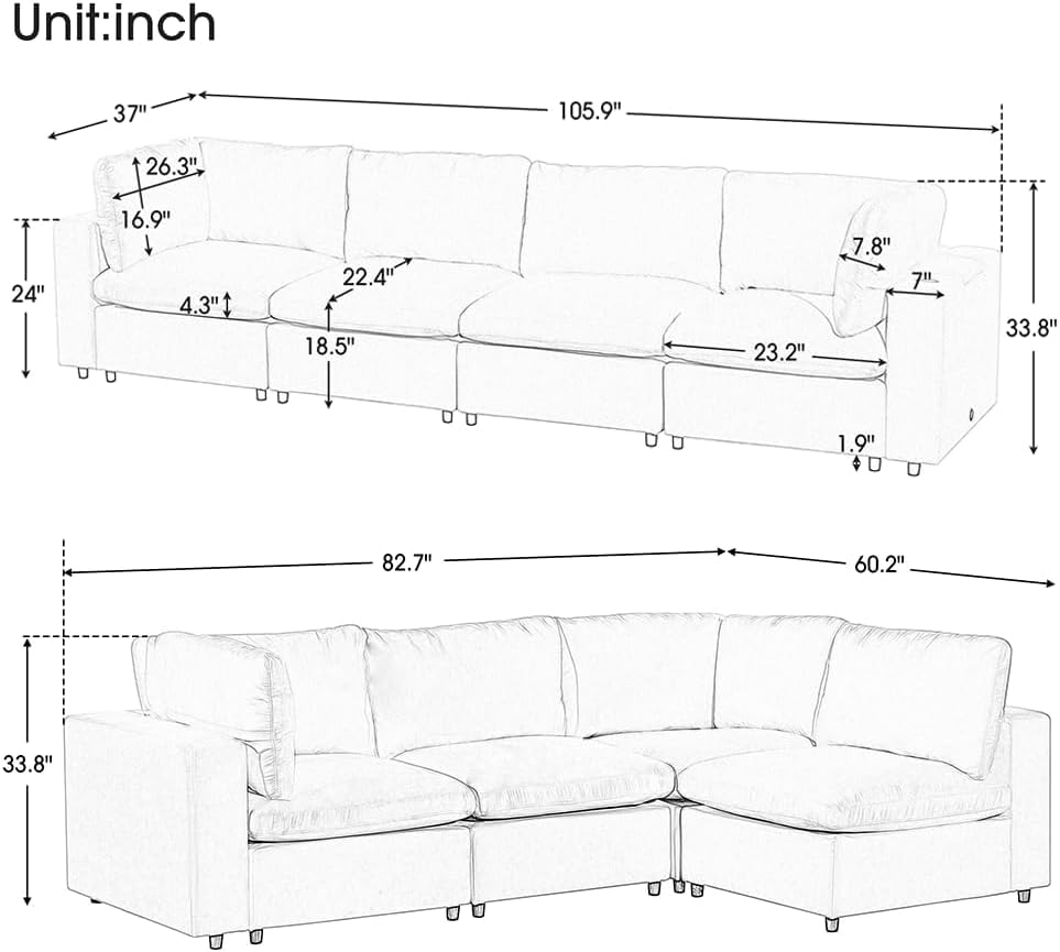 kevinplus 106'' Modular Sectional Sofa Couch for Living Room, Modern Upholstered 4-Seat Sofa Couch L-Shape with USB Charge Port & Wireless Charging & Built-in Bluetooth Speaker in Arm, Beige