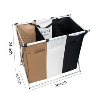 DIOBVNG Laundry Basket 3 Section,Foldable Dirty Laundry Hamper, Hampers for Laundry,Clothes Baskets With Side Pocket,Laundry Sorter（Black and white brown）