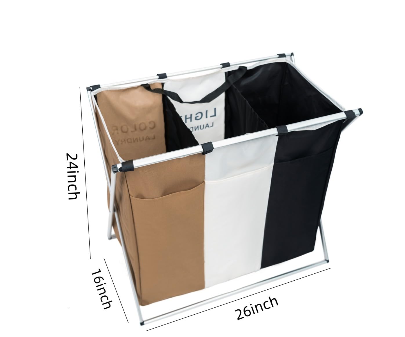 DIOBVNG Laundry Basket 3 Section,Foldable Dirty Laundry Hamper, Hampers for Laundry,Clothes Baskets With Side Pocket,Laundry Sorter（Black and white brown）