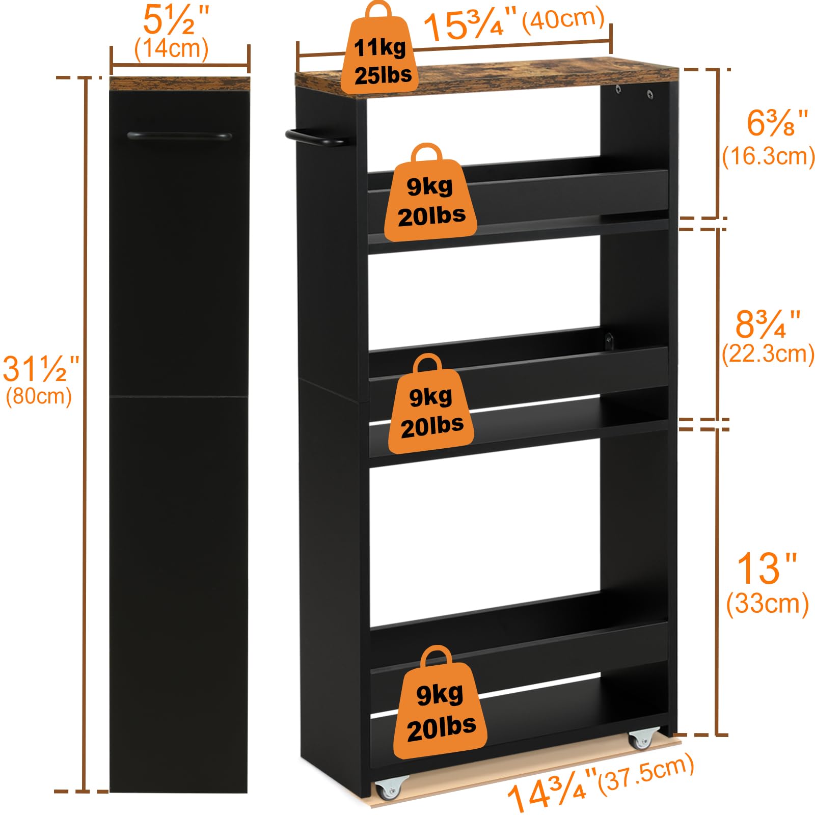 TEAMIX 4 Tier Slim Storage Cart with Handle, Small Kitchen Cart for Narrow Places,Rolling Laundry Cart on Wheels for Small Spaces