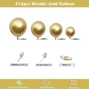 412pcs Metallic Gold Balloon Garland Arch Kit 18 12 10 5 Inch Different Sizes Latex Chrome Balloons for Baby Shower Birthday Graduation Wedding Anniversary Celebration Party Decoration