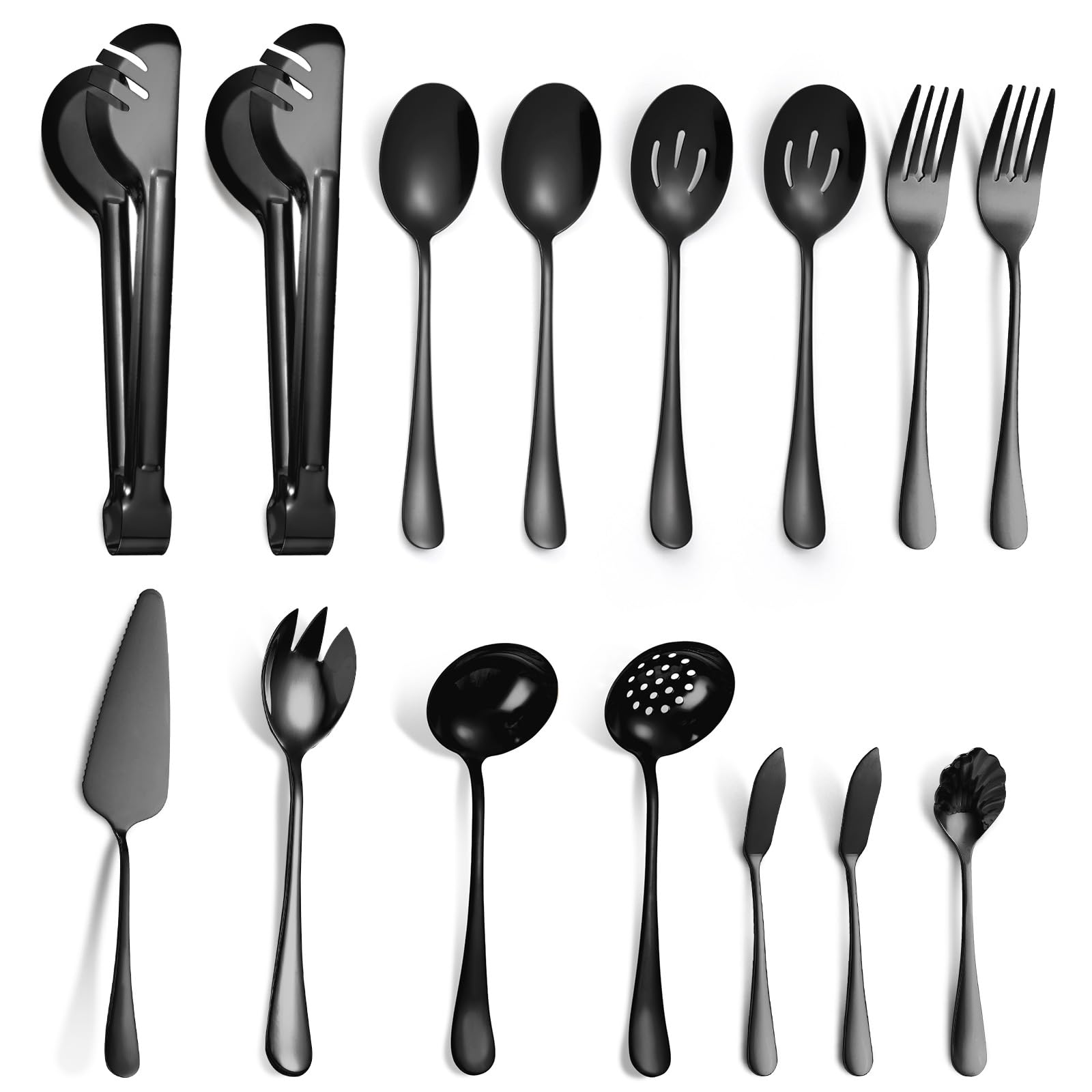 Serving Utensils Include Large Serving Spoons Slotted Serving Spoons Serving Forks Serving Tongs Soup Ladle and Pie Server Buffet Catering Serving Utensils for Dishwasher Safe (Black,15 Pieces)