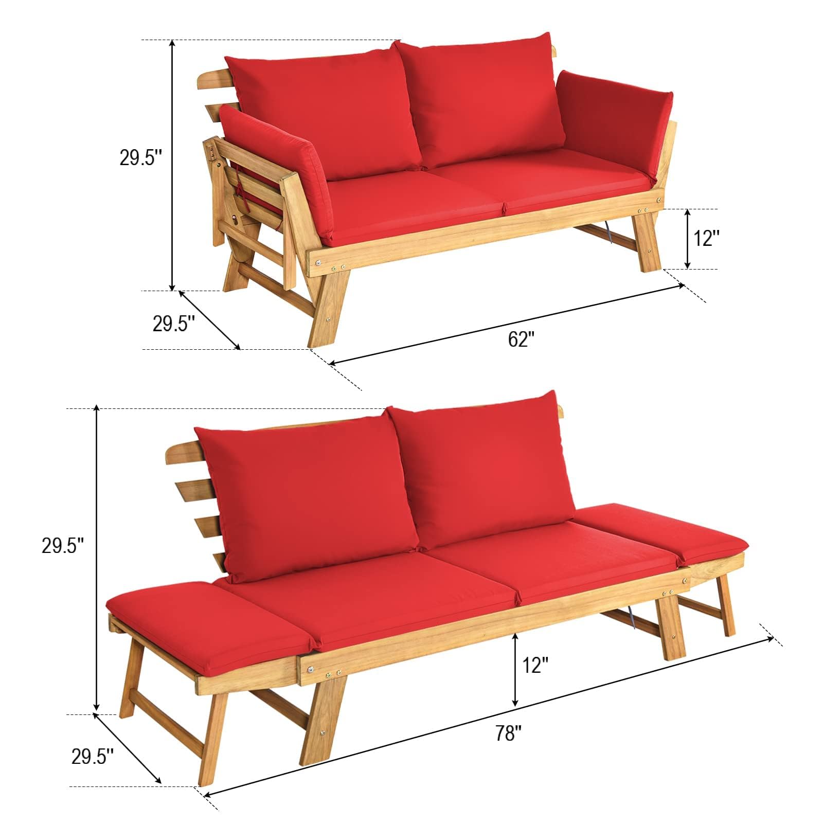 DORTALA Patio Convertible Couch Sofa Bed, Acacia Wood Daybed w/Adjustable Armrest, Collapsible Chaise Lounge w/Cushions & Pillows, Outdoor Loveseat forPoolside, Courtyard (Red)