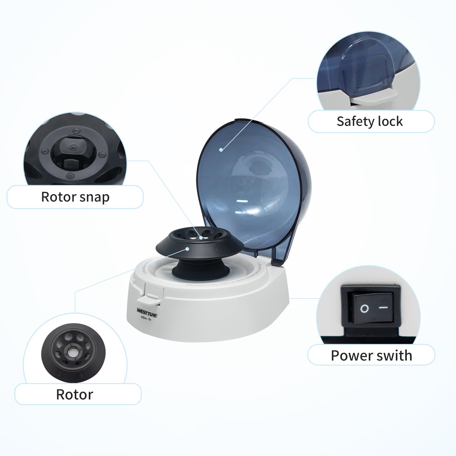 WEST TUNE 7000 RPM Microcentrifuge，Lab Benchtop Centrifuge.Mini Centrifuge Machine with Low Noise,2 Rotors for 0.2/0.5/1.5/2ml Centrifuge Tubes and PCR Strips