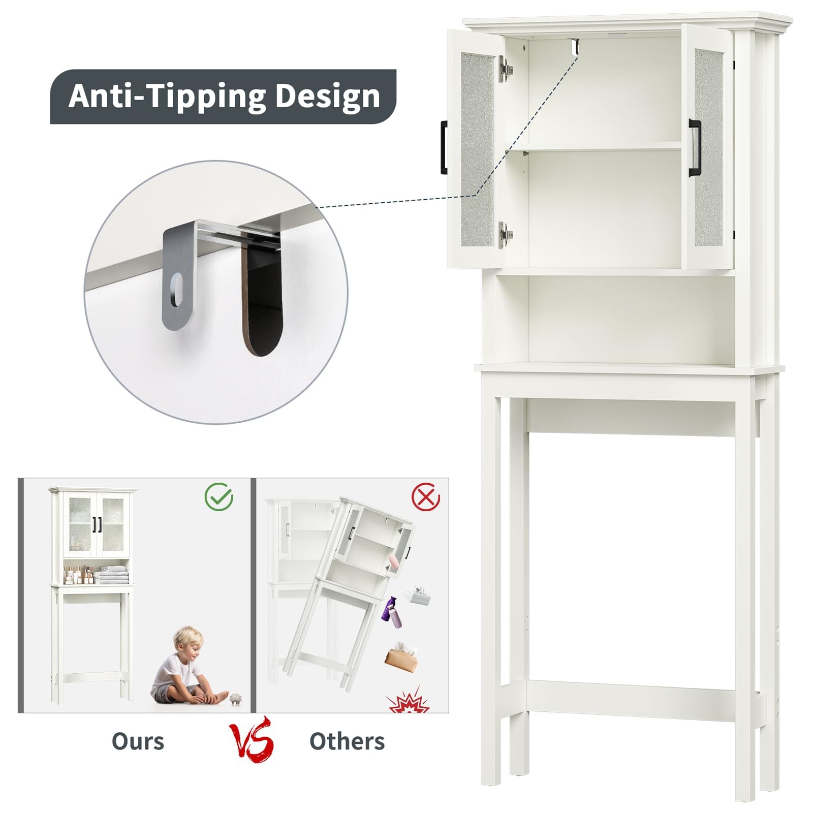 Baztin Over The Toilet Storage Cabinet, Over Toilet Bathroom Organizer with Doors and Adjustable Shelf, Thicken Frame Above Toilet Storage Cabinet Behind Toilet Bathroom Organizer, Cream White