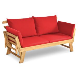 dortala patio convertible couch sofa bed, acacia wood daybed w/adjustable armrest, collapsible chaise lounge w/cushions & pillows, outdoor loveseat forpoolside, courtyard (red)