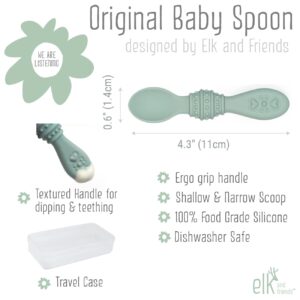 Elk and Friends Silicone Baby Spoons | Travel Case Included | First Stage Infant Toddler Spoon | Baby Led Weaning Stage | Dishwasher Safe