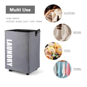 VENUSDALI Large Laundry Hamper,with Wheels Oxford Fabric Leather Handle,water Proof Folding Washing Bin,for Bedroom, Laundry Room, Closet, Bathroom, College, Dark Grey (Bark grey)