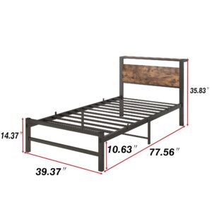 VERFARM Twin Bed Frame with Shelf Storage Wood Headboard, Strong Steel Slat Support, Heavy Duty Metal Platform Single Bed Frames No Box Spring Needed, Easy Assembly, Non-Slip Without Noise