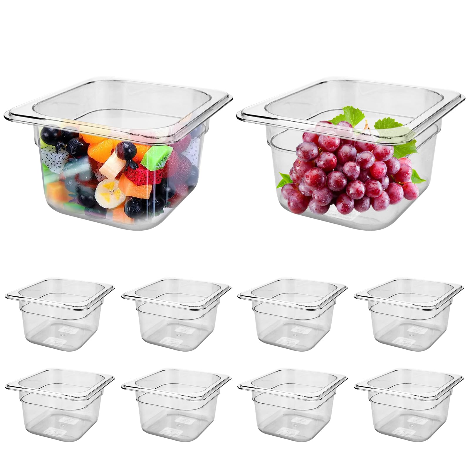 SHUESS 10 Pack Clear Plastic Food Pans, 1/6 Size 4'' Deep Stackable PET Pan with Capacity Indicator, Square Commercial Food Storage Containers for Fruits Vegetables Corns Beans