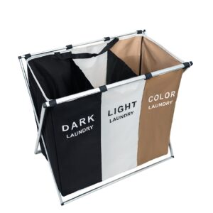 DIOBVNG Laundry Basket 3 Section,Foldable Dirty Laundry Hamper, Hampers for Laundry,Clothes Baskets With Side Pocket,Laundry Sorter（Black and white brown）