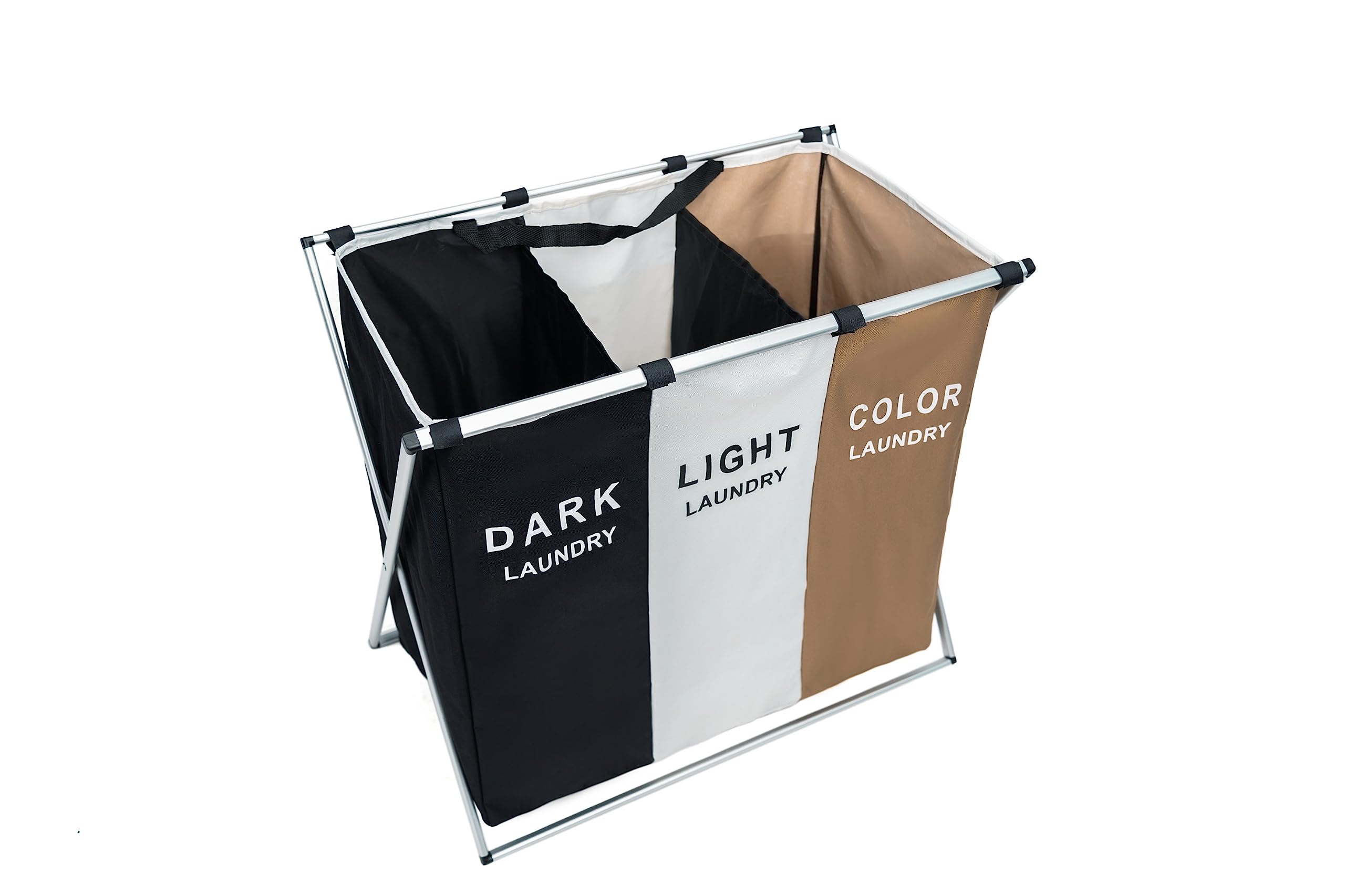 DIOBVNG Laundry Basket 3 Section,Foldable Dirty Laundry Hamper, Hampers for Laundry,Clothes Baskets With Side Pocket,Laundry Sorter（Black and white brown）