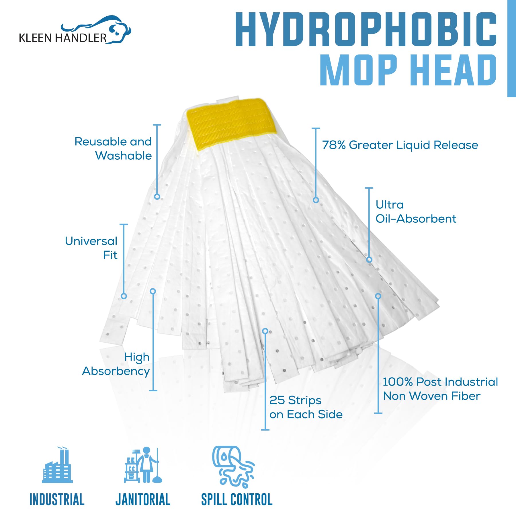 KLEEN HANDLER Mop Head Replacement 6-Pack Hydrophobic Industrial Mop for Oils and Spills – Heavy-Duty Mop for Industrial, Commercial, Janitorial Cleaning – Non-Woven Oil-Absorbent Material