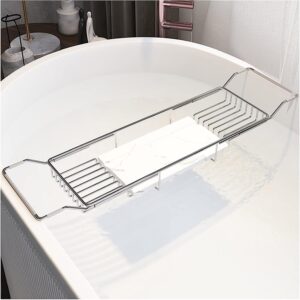 bathtub caddy tray, extendable stainless steel bath tub tray racks with marble chopping board, shower organizer for hotel spa shower stall (color : silver+white)