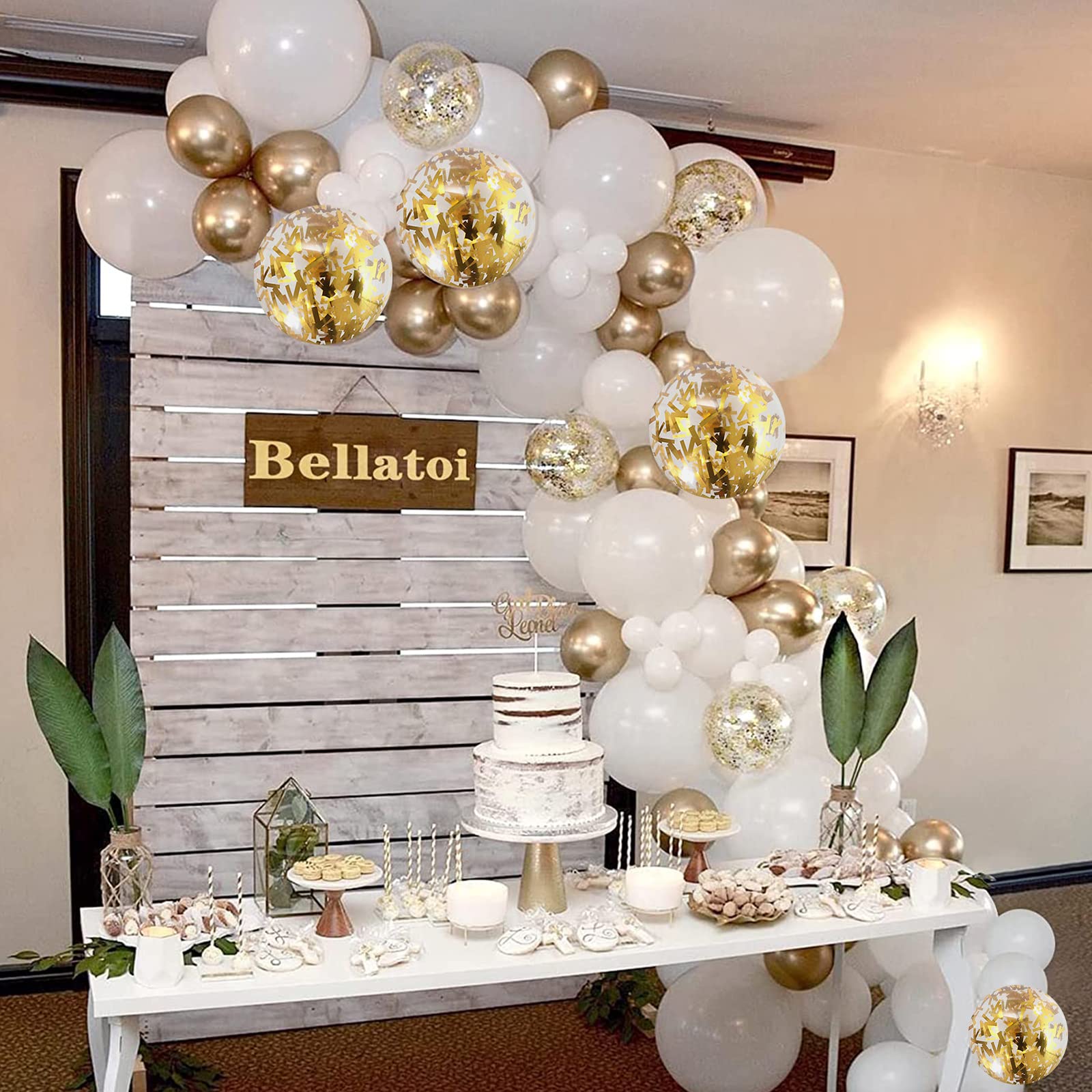 White Gold Balloons Arch Garland Kit, 122Pcs 18/12/10/5 In White and Metallic Gold Balloons Gold Confetti Balloons for Wedding Birthday Bridal Baby Shower Anniversary Party Decorations