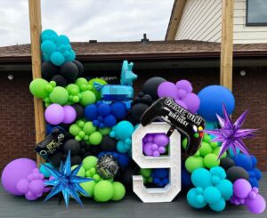 150pcs purple blue green black game balloon garland kit for video game theme birthday party decorations, video game party supplies gamer decorations