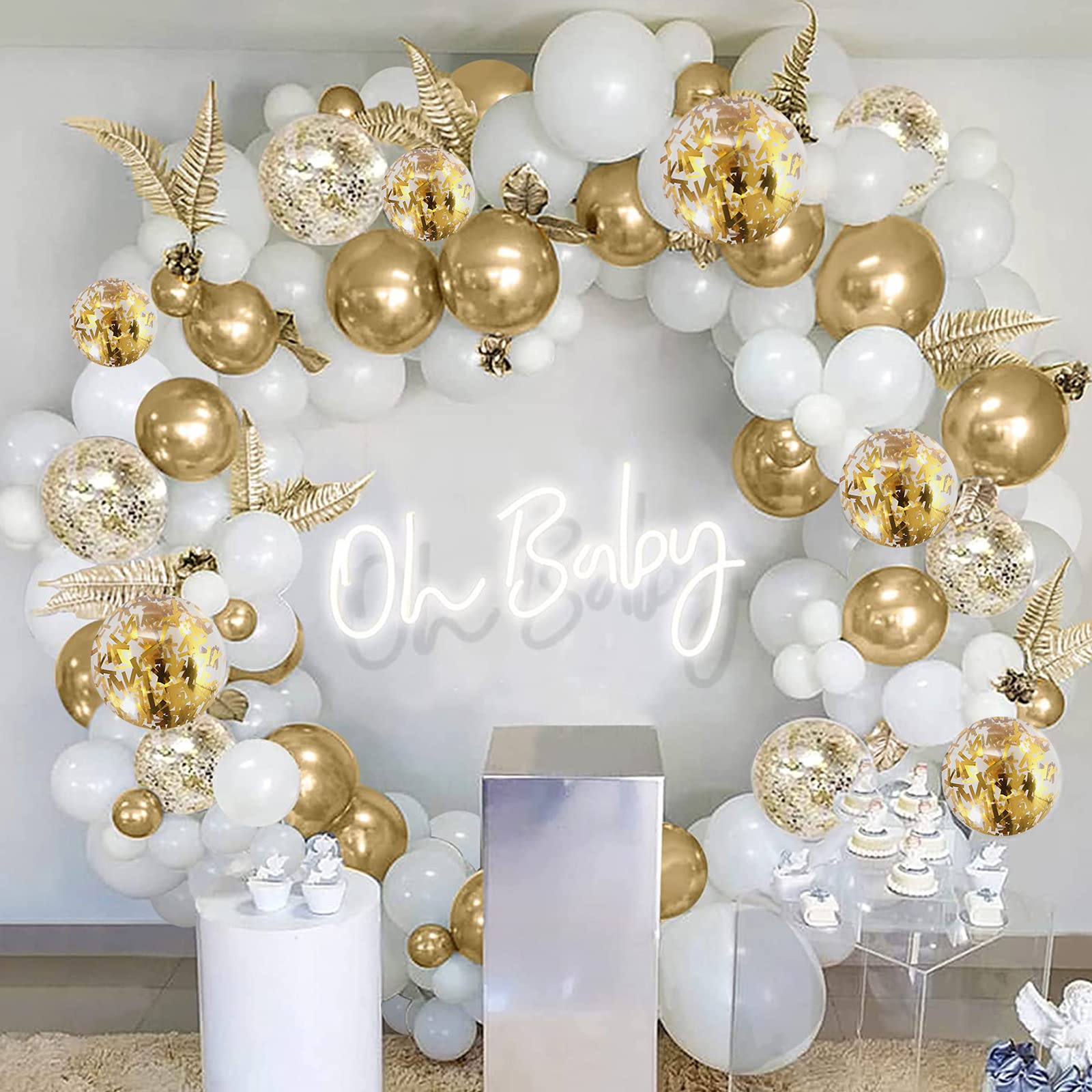 White Gold Balloons Arch Garland Kit, 122Pcs 18/12/10/5 In White and Metallic Gold Balloons Gold Confetti Balloons for Wedding Birthday Bridal Baby Shower Anniversary Party Decorations