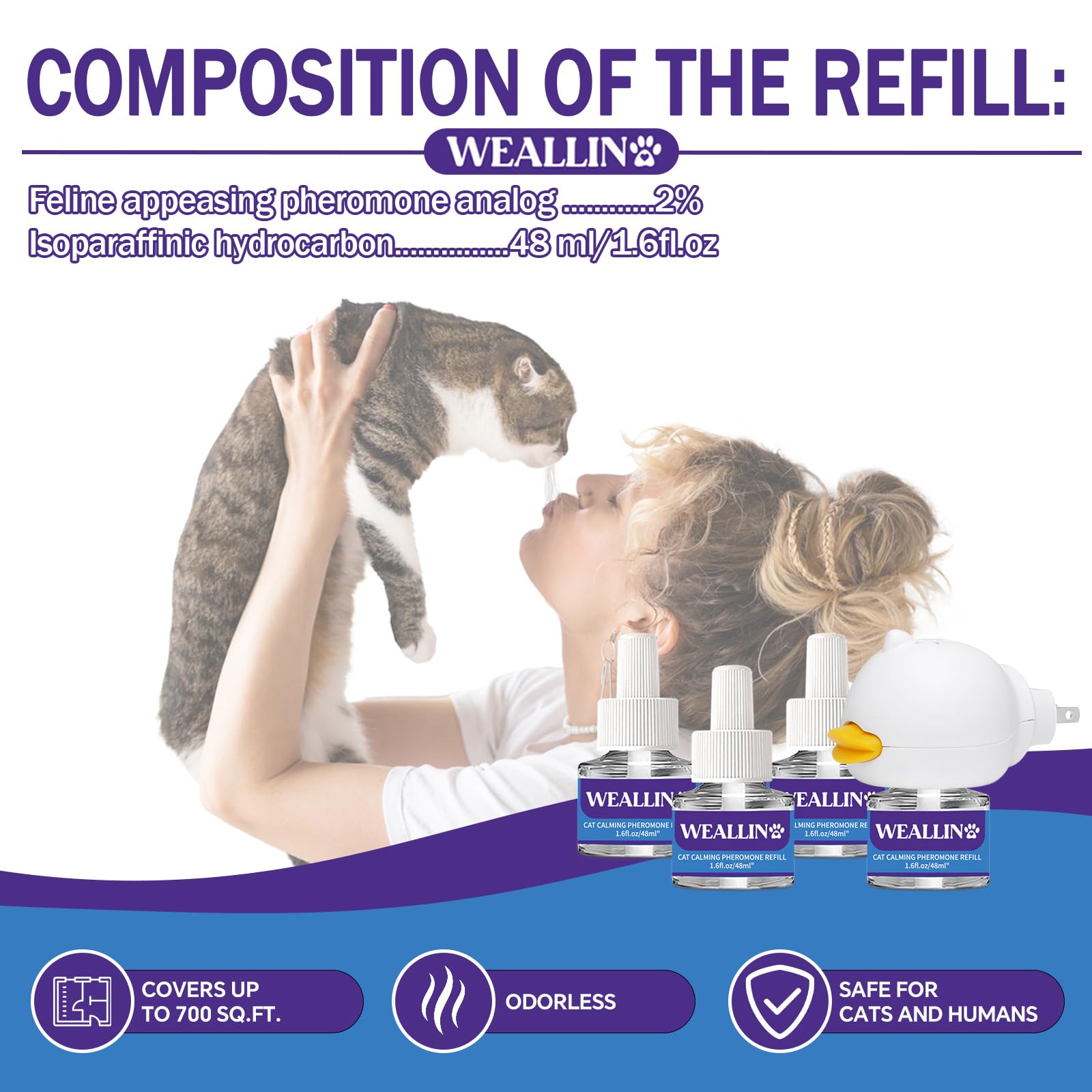 WEALLIN Cat Calming Diffuser Kit - Cat Pheromones Calming Diffuser Relieve Anxiety & Stress - 5-in-1 Cat Pheromone Diffuser Kit with 1 Diffuser + 4 Refill 48ml Vial-120 Days of Comfort and Relaxation