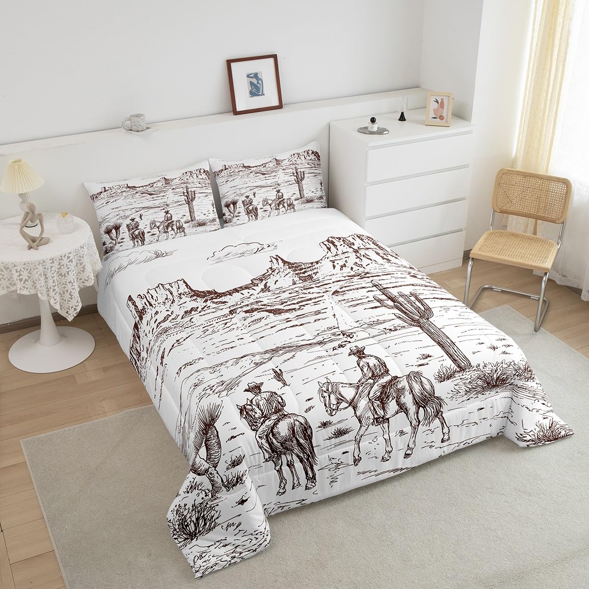 Cowboy Comforter Set Western Bedding Queen Size Wild West American Desert Rustic Hand Drawn Illustration Bedroom Decor Bedding Comforter Sets For Boys Adults Men Girls Rustic Farmhouse Duvet Insert