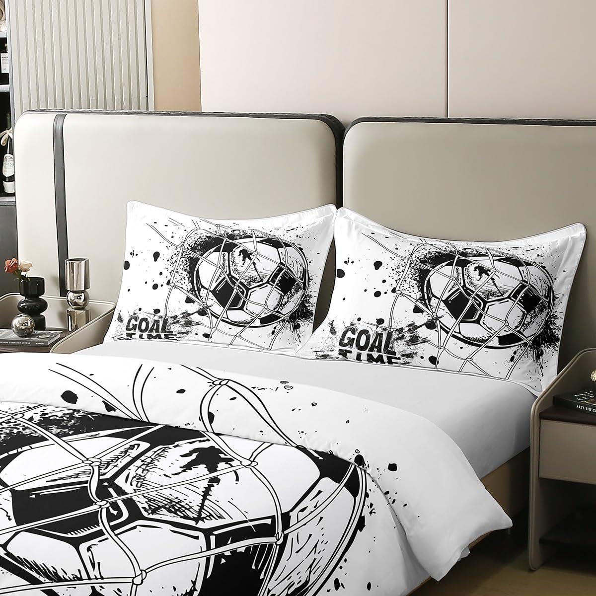 Kids Football 100% Cotton Comforter Cover Queen Size American Soccer Bedding Set Sports Games Duvet Cover For Boys Girls Children Teens Geometric Polygon Quilt Cover For Bedroom, Black White