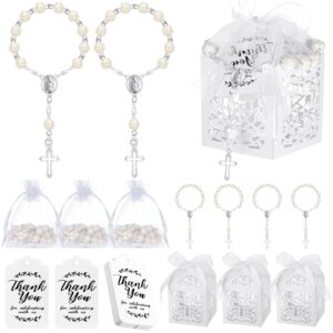 huquary 100 pcs baptism favors set includes 25 mini rosary baptism favors 25 baptism favor boxes 25 white organza bags with drawstring 25 thank you tags for baby shower wedding christian gift (silver)