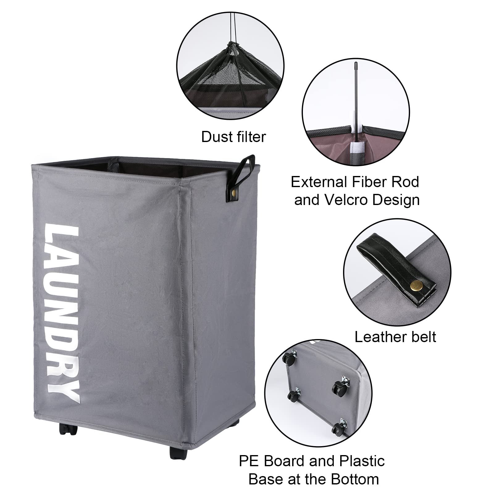 VENUSDALI Large Laundry Hamper,with Wheels Oxford Fabric Leather Handle,water Proof Folding Washing Bin,for Bedroom, Laundry Room, Closet, Bathroom, College, Dark Grey (Bark grey)