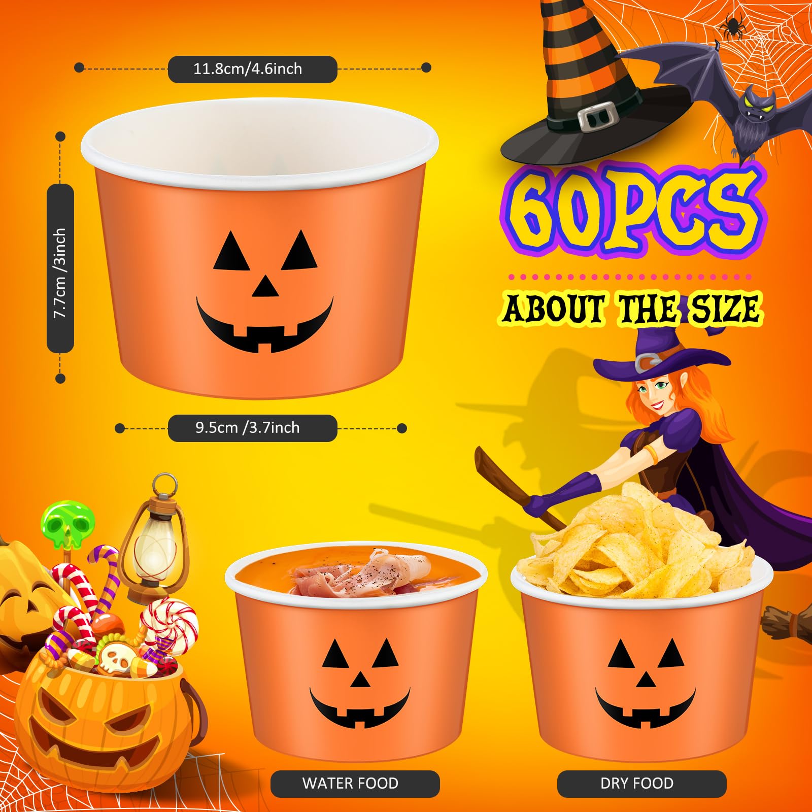 Hsei 60 Pcs 16oz Halloween Disposable Bowls Pumpkin Paper Snack Bowls Ice Cream Cups Soup Bowls for Halloween Dessert Sundae Yogurt Cups Hot Cold Drink for Holiday Party Supplies