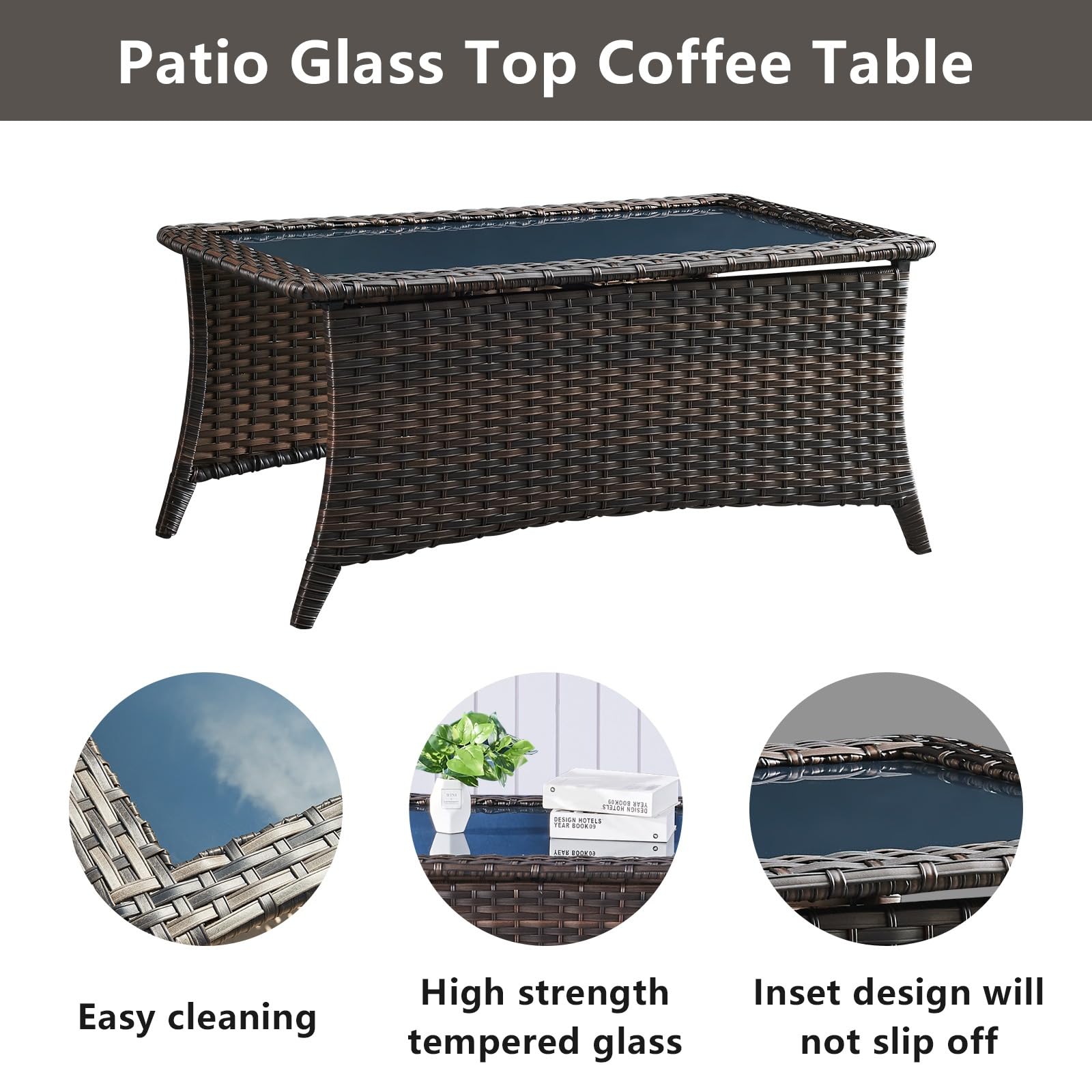 Belord Outdoor Coffee Table with Tempered Glass Top, Patio Rectangular Brown Wicker Table, Handwoven Rattan Coffee Table Compatible with Patio Furniture Sets for Porch Deck Backyard