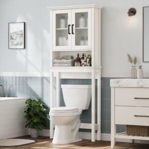 baztin over the toilet storage cabinet, over toilet bathroom organizer with doors and adjustable shelf, thicken frame above toilet storage cabinet behind toilet bathroom organizer, cream white