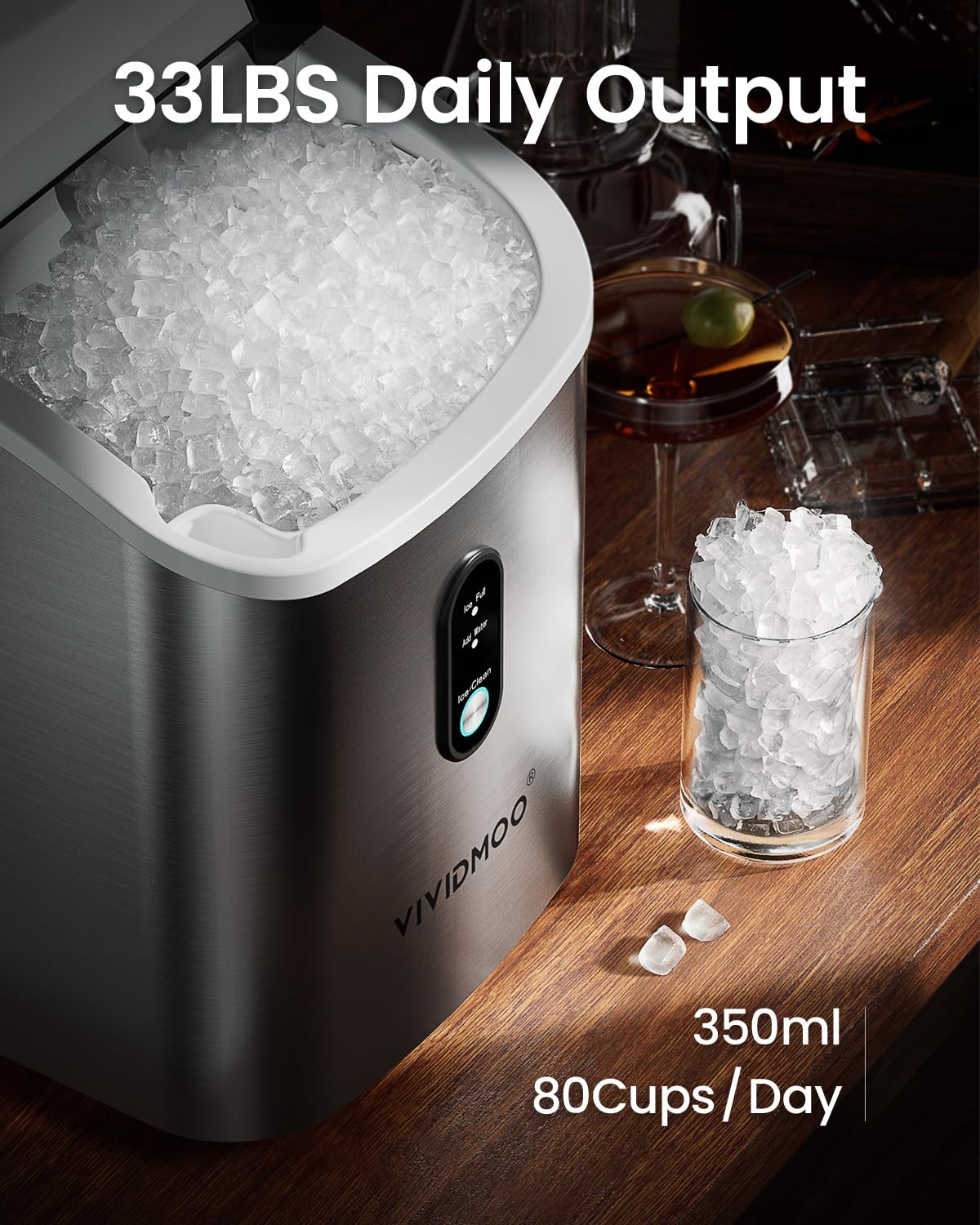 VIVIDMOO Nugget Ice Maker Countertop, 34lbs/24H Pebble Ice Machine, Self-Cleaning Sonic Ice Maker with Basket & Scoop, Compact Pellet Ice Maker for Home/Office/Kitchen/RV/Party, Stainless Steel