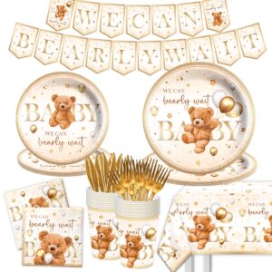 teddy bear baby shower decorations for boy-142pcs we can bearly wait tableware,brown bear theme plates and napkins set serves 20 guests,teddy bear baby shower birthday party supplies